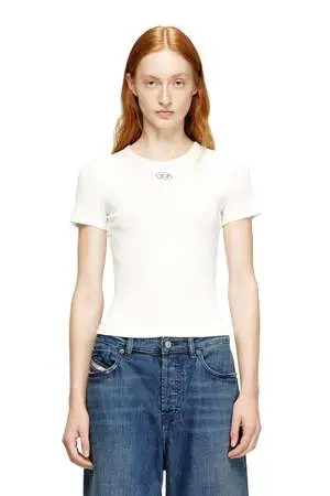 DIESEL® Diesel Slim Ribbed Cotton-Elastane T-Shirt With Metallic Oval D Logo White
