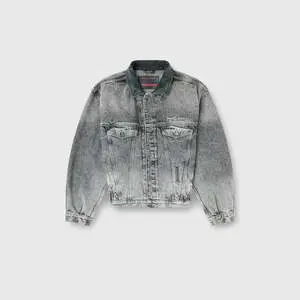 DIESEL® Denim Trucker Jacket With Leather Trim And Embroidered Logo - Grey