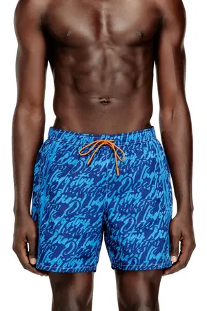 DIESEL® All-over Logo Print Medium Swim Shorts - Blue
