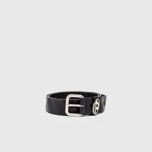 DIESEL® 3.9cm Logo Plaque Wrinkled Leather Belt - Black