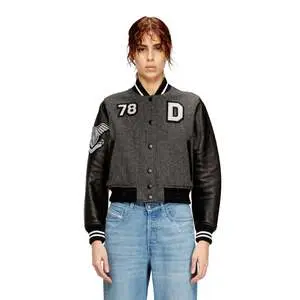 DIESEL® Cropped Wool & Leather Varsity Jacket With Embroidered Motifs