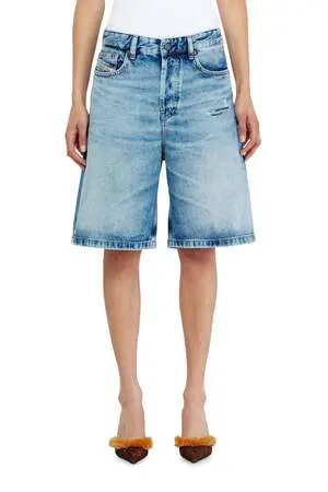 DIESEL® Relaxed Fit Fluid Denim Bermuda Shorts With Abrasions - Blue