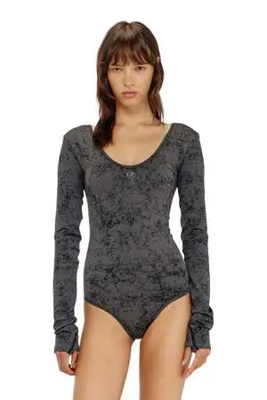 DIESEL® Long Sleeve Open Back Bodysuit With Utilitarian Print - Black