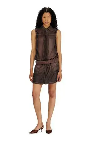 DIESEL® Sleeveless Coated Denim Mini Dress With Belt - Brown