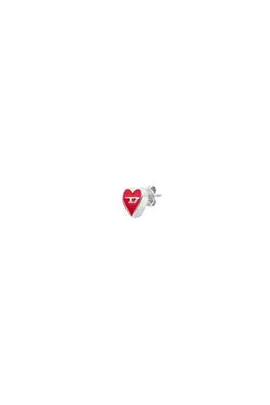 DIESEL® Stainless Steel Heart Stud Earring With Red Enamel D Logo