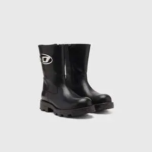 DIESEL® Shiny Leather Biker Boots With Silver Tone Oval D Hardware - Black