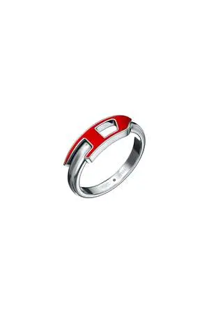DIESEL® Stainless Steel Band Ring With Red Enamel Logo - Silver