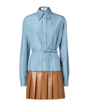 Fendi Pleated Poplin Shirt Dress - Light Blue