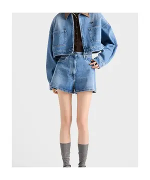 Prada High-waist Denim Shorts With Logo Plaque