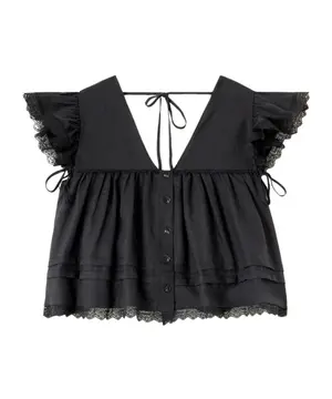 GANNI Lace-trimmed V-neck Linen Top - Black