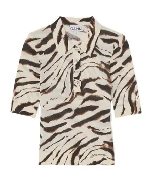 GANNI Zebra Animal Print Polo Shirt - Egret