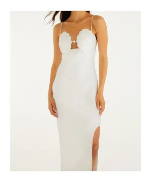 Farm Rio Sleeveless Slip Dress With Pearl Detail And Side Slit
