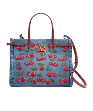 Valentino Garavani Antibes Medium Shopping Bag In Denim With Cherry Embroidery - Blue