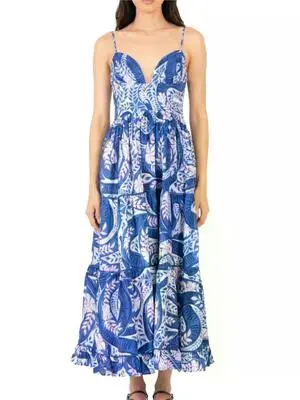 Poupette St Barth Milena Tiered Leaf-print Dress - Blue