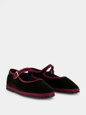PIEDATERRE Loden Velvet Mary Jane Flats With Wine Grosgrain Trim