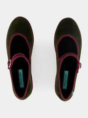 PIEDATERRE Loden Velvet Mary Jane Flats With Wine Grosgrain Trim