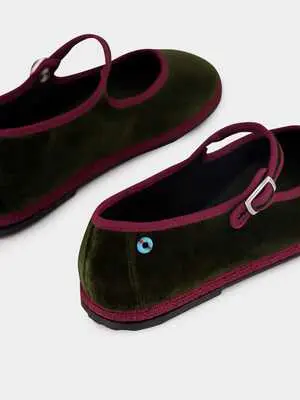 PIEDATERRE Loden Velvet Mary Jane Flats With Wine Grosgrain Trim