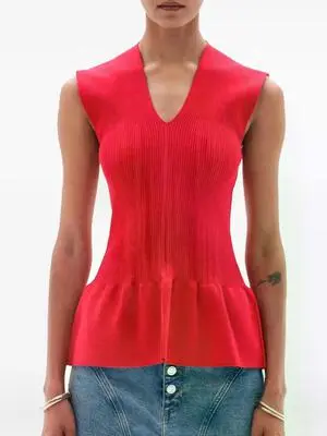Yuzefi Ribbed Knit Peplum Top With V-neck And Cut-out Detail