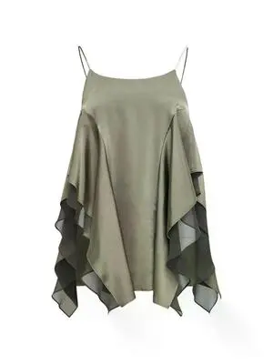 YCH Khaki Satin Ruffled Spaghetti-strap Top