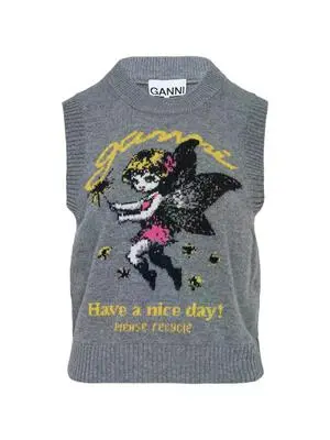 GANNI Graphic Intarsia Knitted Vest - Grey