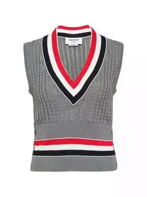 Thom Browne Cable Knit Cotton Vest With Striped Trim