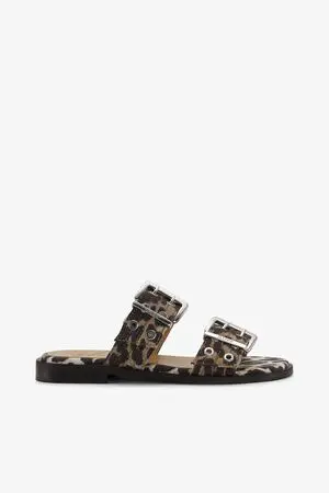 GANNI Leopard Print Buckle Strap Sandals - Mixed