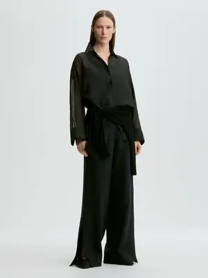 BY MALENE BIRGER Michelle Wide-leg Linen Trousers With Embroidered Side Slits - Black