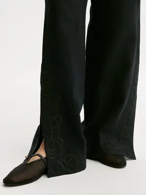BY MALENE BIRGER Michelle Wide-leg Linen Trousers With Embroidered Side Slits - Black