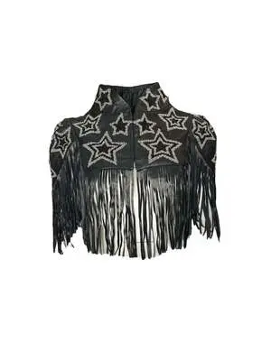 ANY OLD IRON Beaded Star Leather Fringe Shrug - Black/silver
