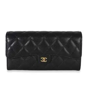 Chanel Quilted Caviar Large Gusset Flap Wallet - Black