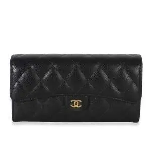 Chanel Quilted Caviar Large Gusset Flap Wallet - Black