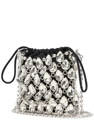 SELF-PORTRAIT Crystal Embellished Metallic Mesh Drawstring Bag - Silver