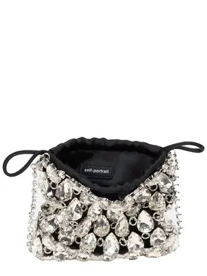 SELF-PORTRAIT Crystal Embellished Metallic Mesh Drawstring Bag - Silver