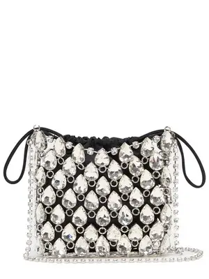 SELF-PORTRAIT Crystal Embellished Metallic Mesh Drawstring Bag - Silver