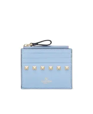 Valentino Garavani Rockstud Calfskin Cardholder With Zip - Blue