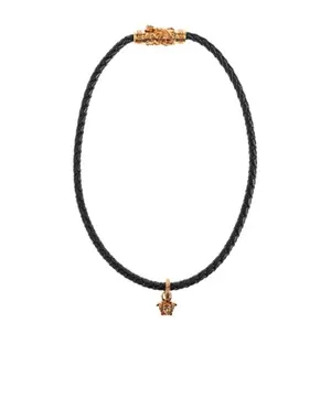 Versace Medusa Head Pendant Leather Necklace - Black