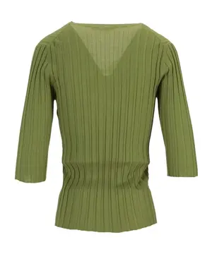 Lela Rose V-neck Ribbed Knit Sweater - Green