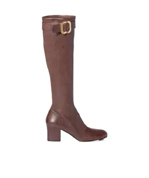 Miu Miu Knee High Boots With Block Heel And Logo Buckle