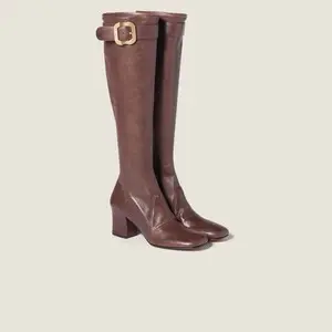 Miu Miu Knee High Boots With Block Heel And Logo Buckle