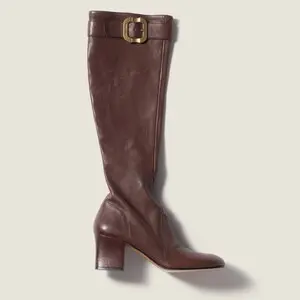Miu Miu Knee High Boots With Block Heel And Logo Buckle
