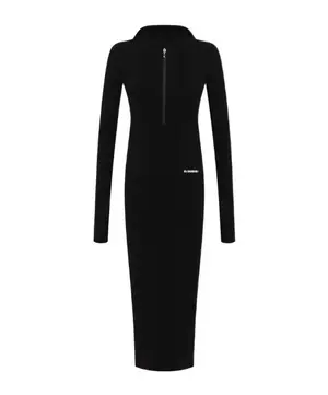 JIL SANDER Rib Knit Hooded Midi Dress With Zipper Detail