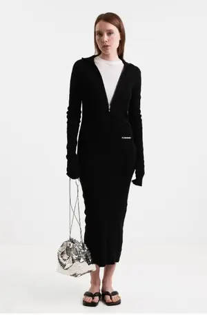 JIL SANDER Rib Knit Hooded Midi Dress With Zipper Detail