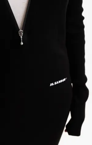 JIL SANDER Rib Knit Hooded Midi Dress With Zipper Detail