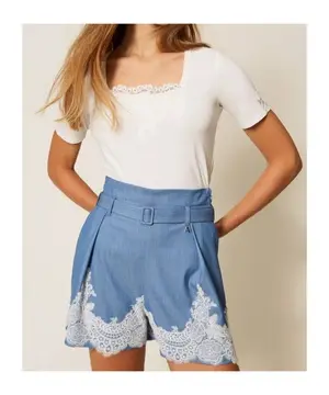 TWINSET Lace Detail Belted Short - No