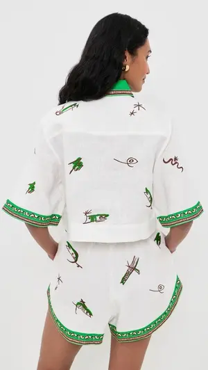 ALEMAIS Wanda Embroidered Linen Cropped Shirt - Ivory