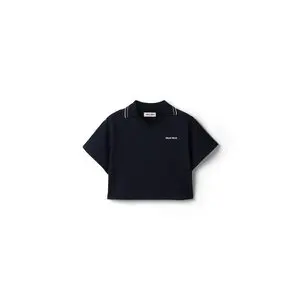Miu Miu Cropped Cotton Fleece Sweatshirt With Polo Collar - Navy