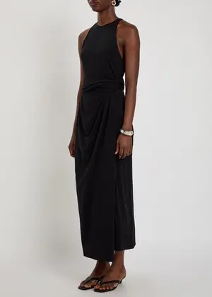 Another Tomorrow Sarong-effect Jersey Midi Dress - Black