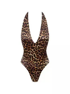 MAISON CLOSE Leopard Print Halterneck Thong Swimsuit - Brown