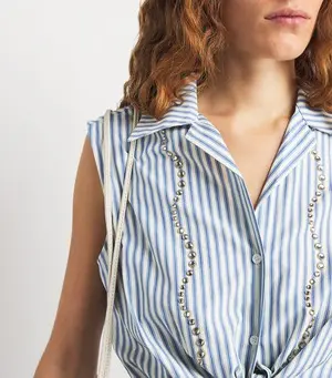 Sandro Embellished Striped Sleeveless Shirt With Front Tie Detail - Blue