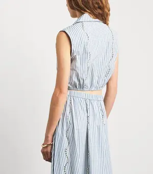 Sandro Embellished Striped Sleeveless Shirt With Front Tie Detail - Blue